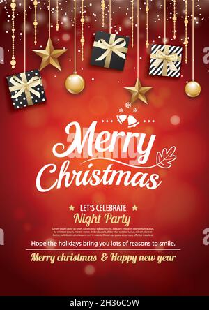Merry Christmas greeting card template with Christmas balls and ribbons ...