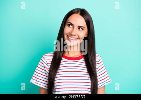 Photo of cheerful toothy beaming girl with wavy hairstyle dressed blue ...