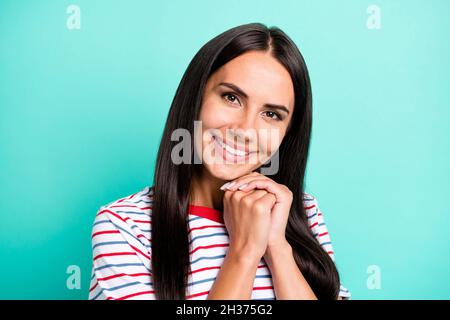 Photo of pretty adorable lady toothy smile stylish green outfit rejoice ...