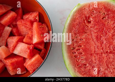 Watermelon chunks ready to eat Stock Photo - Alamy