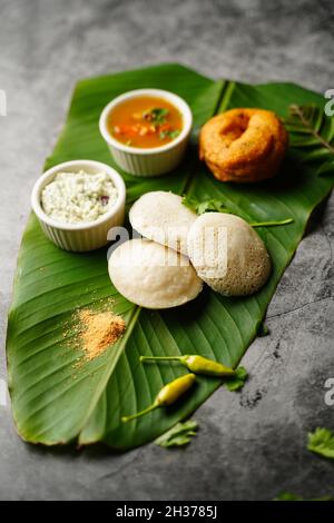Vegetarian South Indian breakfast thali - Idli vada sambar chutney ...