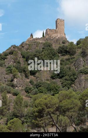 Ruins of the medieval castle of Lastours, in the Cathar region of ...