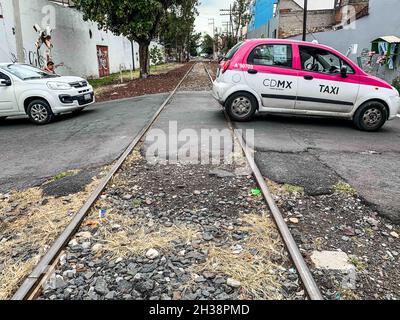 Taxi, pink color in Mexico City. Mexico City, Ciudad de Mexico, DF ...