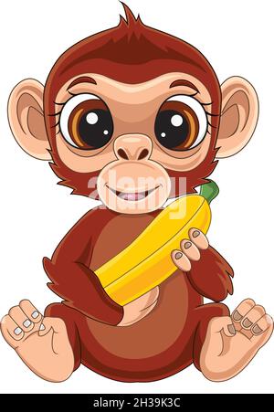 Cartoon funny monkey holding banana isolated on white background Stock ...