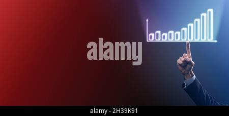 Businessman hold graph, arrow of positive growth icon.pointing at ...