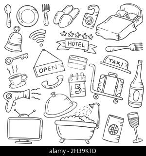 hospitality doodle hand drawn with outline style on paper books line ...