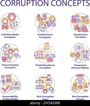 Corruption linear icons set. Bribery, Extortion, Nepotism, Embezzlement, Fraud, Graft, Kickbacks ...
