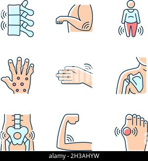 Rheumatism icons set cartoon vector. Human joint with pain ring ...