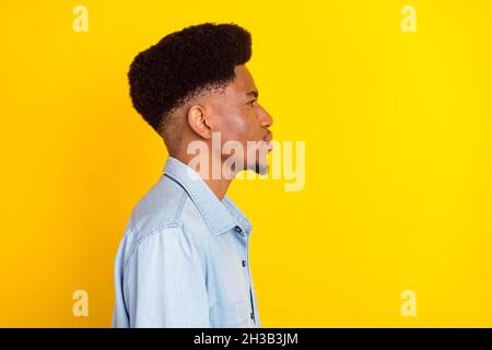 Photo of pretty confident dark skin girl dressed yellow sweatshirt arms ...