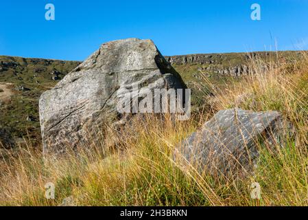 Boulders and autumn grasses on the Pennine Way at Crowden, North ...