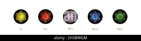 four elements icons and Magic Spirit symbol, Gold round symbols set ...