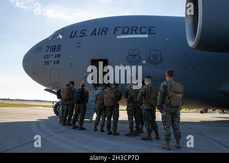 U.S. Airmen with 16th Airlift Squadron take off in a C-17 Globemaster ...