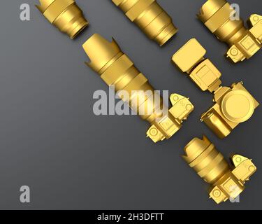 Top view of gold designer workspace and gear like nonexistent DSLR ...