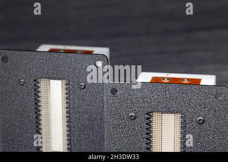 Flat foil ribbon tweeters presented against a gray background. Photo ...