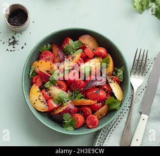 A top view of a plate of fruit salad on the table Stock Photo - Alamy