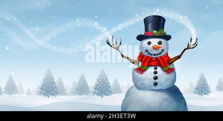 Christmas card illustration with a forest and snowman in a snowfall ...