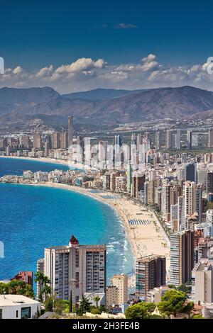A view of a fragment of the city of Benidorm and the mountains, on the ...