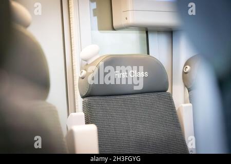 detail of headrests in interior First class carriage and seating in UK ...