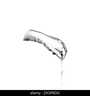 Humans hand pinching sea salt. Sprinkling spices. seasoning line art of ...