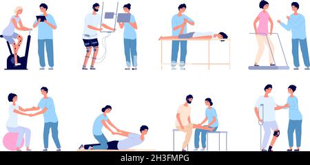 Flat physiotherapy doctor help patient to walk on prosthesis. Guy with ...