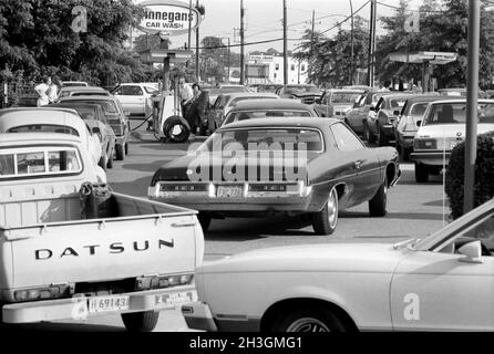Maryland: June, 1979 Long lines of cars waiting for fuel at a gas ...