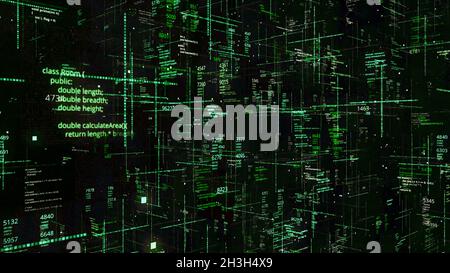 Many numbers and codes in matrix. Animation. Space inside matrix with ...