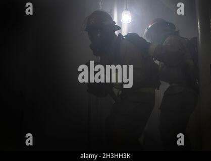 USS Blue Ridge fire drill 140502 Stock Photo - Alamy