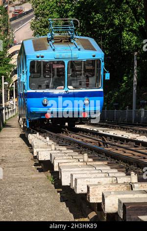 A tramway vehicle on an elevated track in 2015, captured as part of an ...