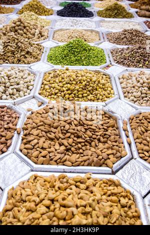 Assortment of dates and dried fruit in a food market, Sharjah, Dubai ...