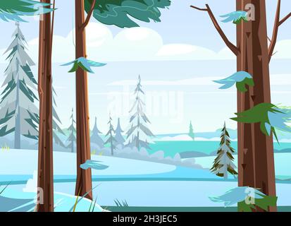 Flat winter forest. Beautiful frosty landscape, snow trees ...