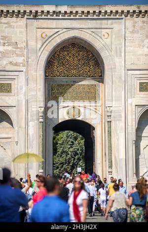 ISTANBUL, TURKEY - JULY 9, 2014: The interior of Hagia Sophia Dome with ...