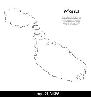 Malta country thin black outline silhouette. Simplified map. Vector ...