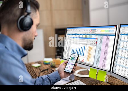 Computer Spreadsheet Data Analyst Man Using Multiple Screens Stock ...