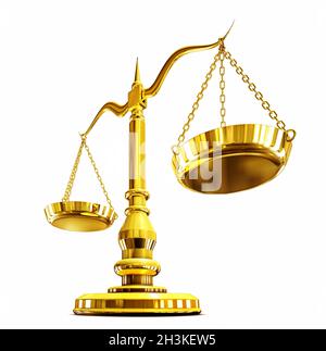 Unbalanced Antique Brass scales of justice on white background Stock ...