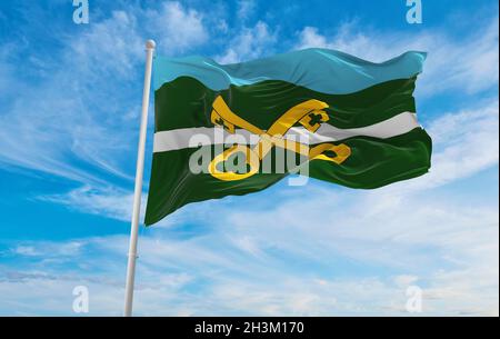 flag of Petersfield town at cloudy sky background on sunset. panoramic ...