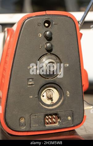 A classic red television with a blank screen. Retro television, a relic ...