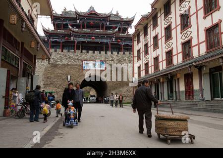 South Gate of Songpan, shown from inside the walled ancient city ...
