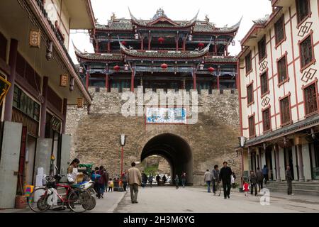 South Gate of Songpan, shown from inside the walled ancient city ...