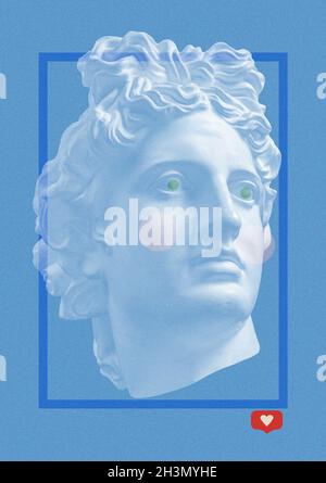 Art collage with antique sculpture of Apollo face and numbers ...