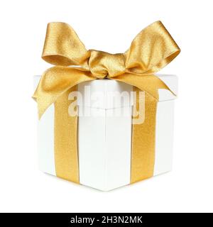 Seasonal gift box wrapped with with gold ribbon bow Stock Photo - Alamy