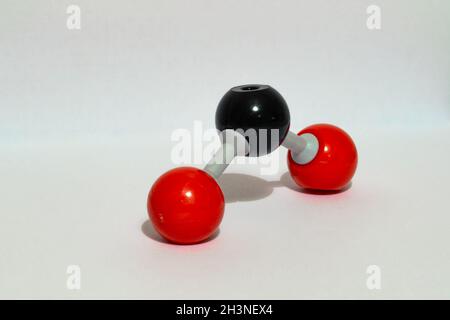 3D model of carbon dioxide (CO2) molecule. Two atoms of oxygen and one ...