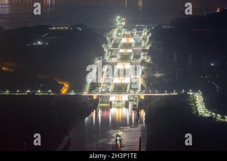 An aerial view of the five-level ship lock of the Three Gorges Dam ...