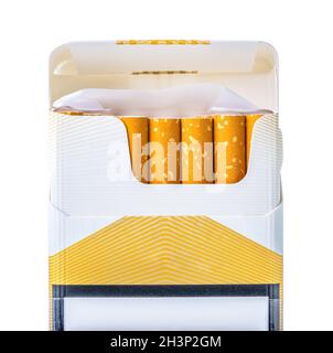 Close-up of a yellow pack of cigarettes isolated on white background with clipping path Stock ...