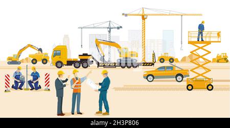 Construction site with excavator, architect and heavy truck Stock Photo ...