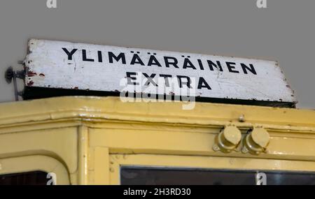 Vintage tram headsign on display at the Tram Museum in Helsinki ...