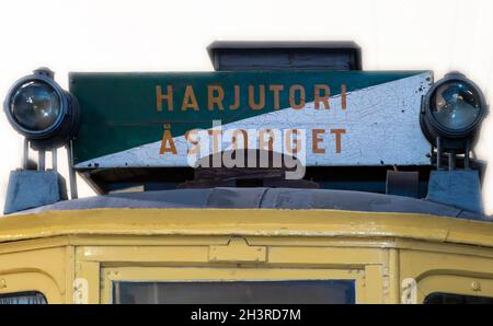 Vintage tram headsign on display at the Tram Museum in Helsinki ...