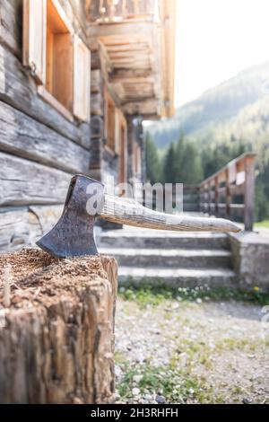 Getting wood for fire: axe attached to a tree trunk Stock Photo - Alamy