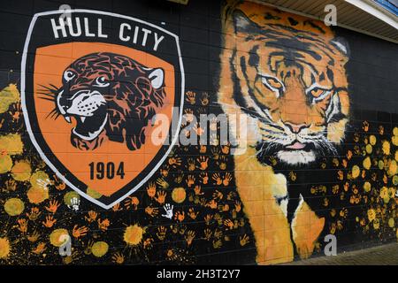 Hull City artwork and club badge on display at the MKM stadium Stock ...