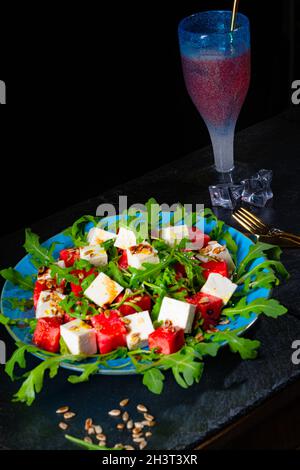 Watermelon Salad with Rocket And Feta Cheese Stock Photo - Alamy