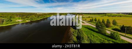 Aerial panoramic view of place Myllykoski at river Kymijoki, Kouvola ...